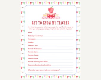 Printable Get to Know the Teacher Questionnaire, Teacher Favorite ...