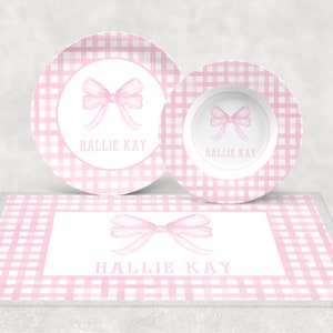 Pink Bow and Gingham Personalized Dinnerware Plate Set for Girls - Etsy