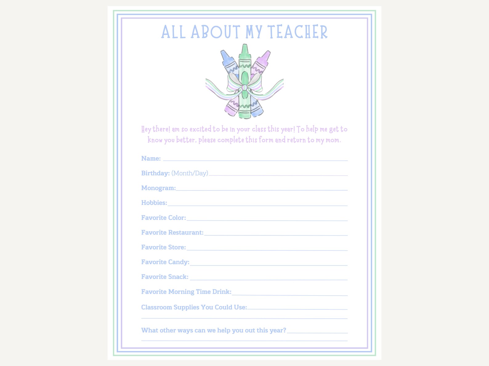 Printable Get to Know the Teacher Questionnaire, Teacher Favorite ...