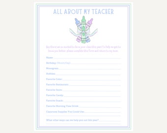 Printable Get to Know the Teacher Questionnaire, Teacher Favorite ...