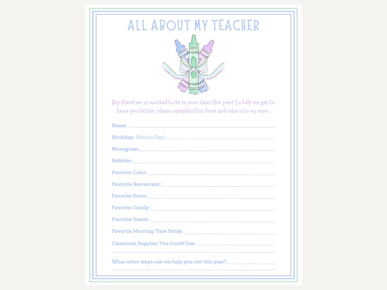Printable Get to Know the Teacher Questionnaire, Teacher Favorite ...