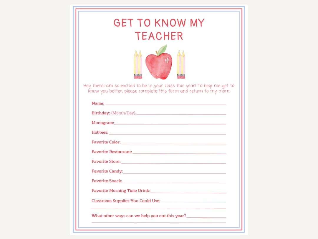Printable Get to Know the Teacher Questionnaire, Teacher Favorite ...
