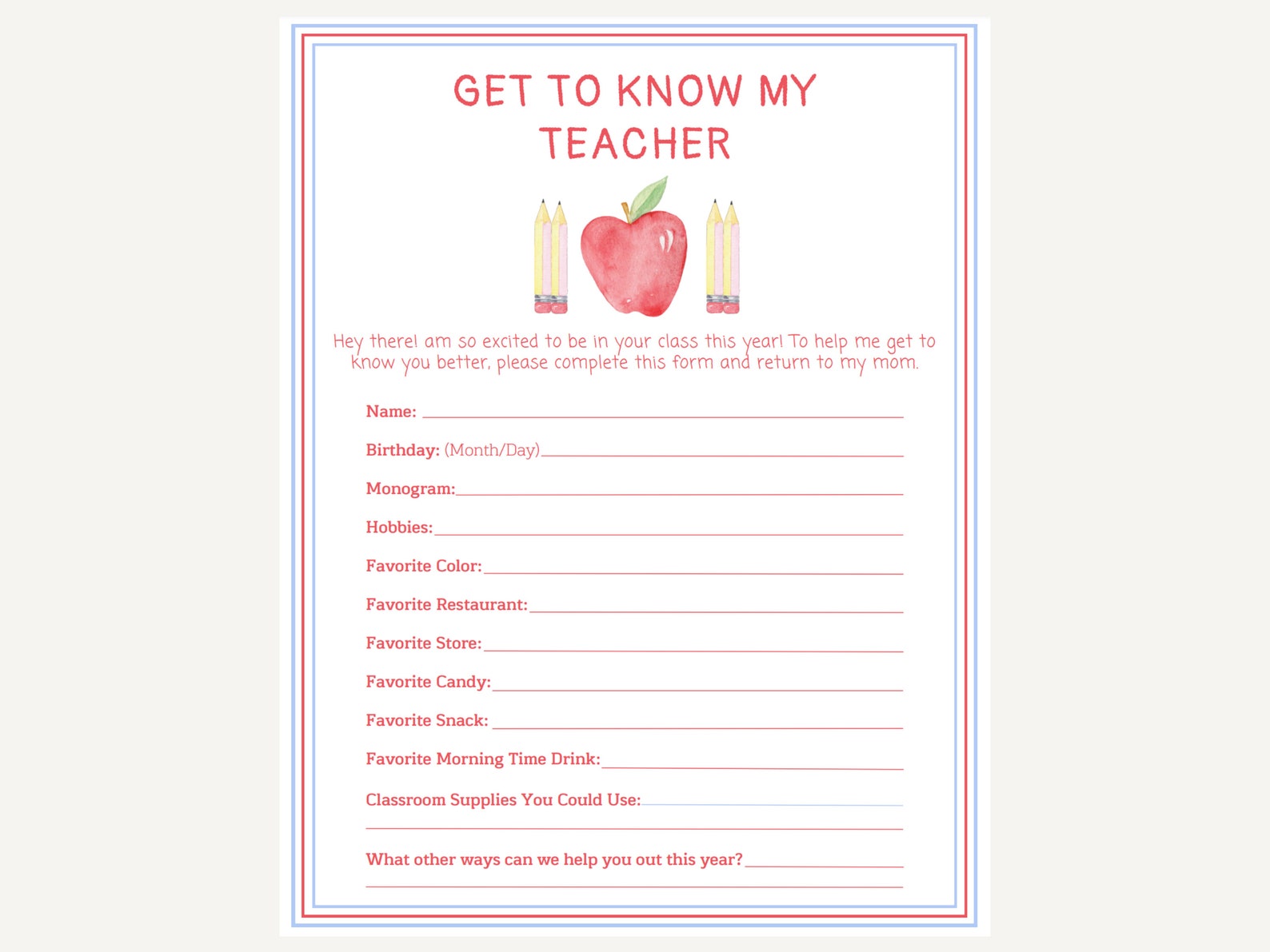 Printable Get to Know the Teacher Questionnaire, Teacher Favorite ...