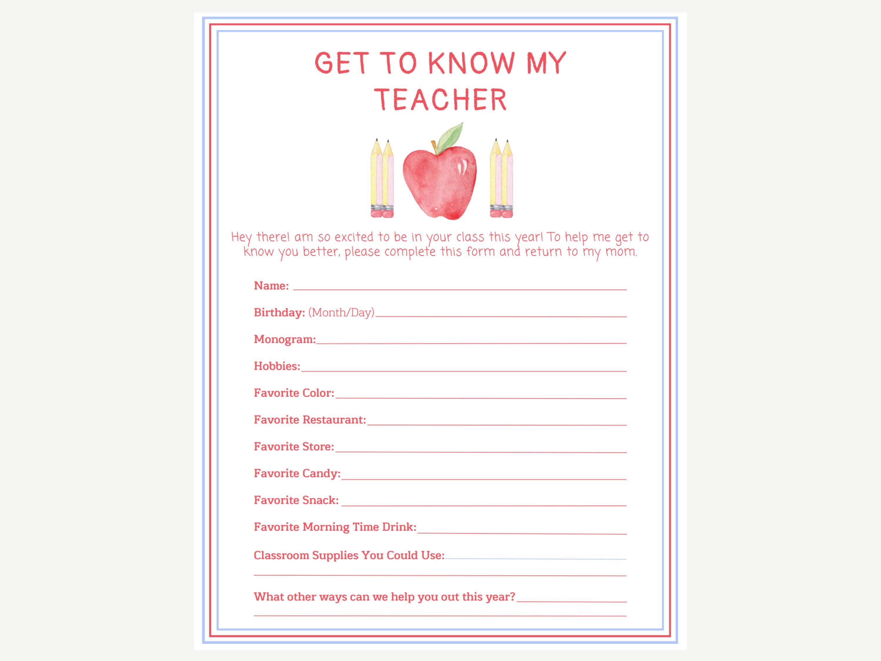 Printable Get to Know the Teacher Questionnaire, Teacher Favorite ...