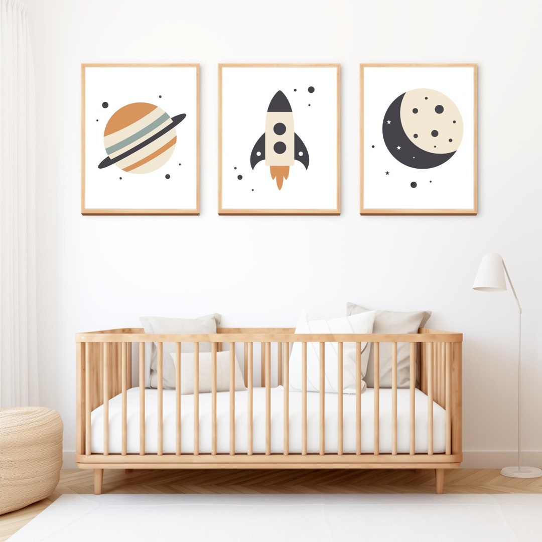 Set of 3 Outer Space Prints, Rocket Ship, Moon Print, Space Posters ...
