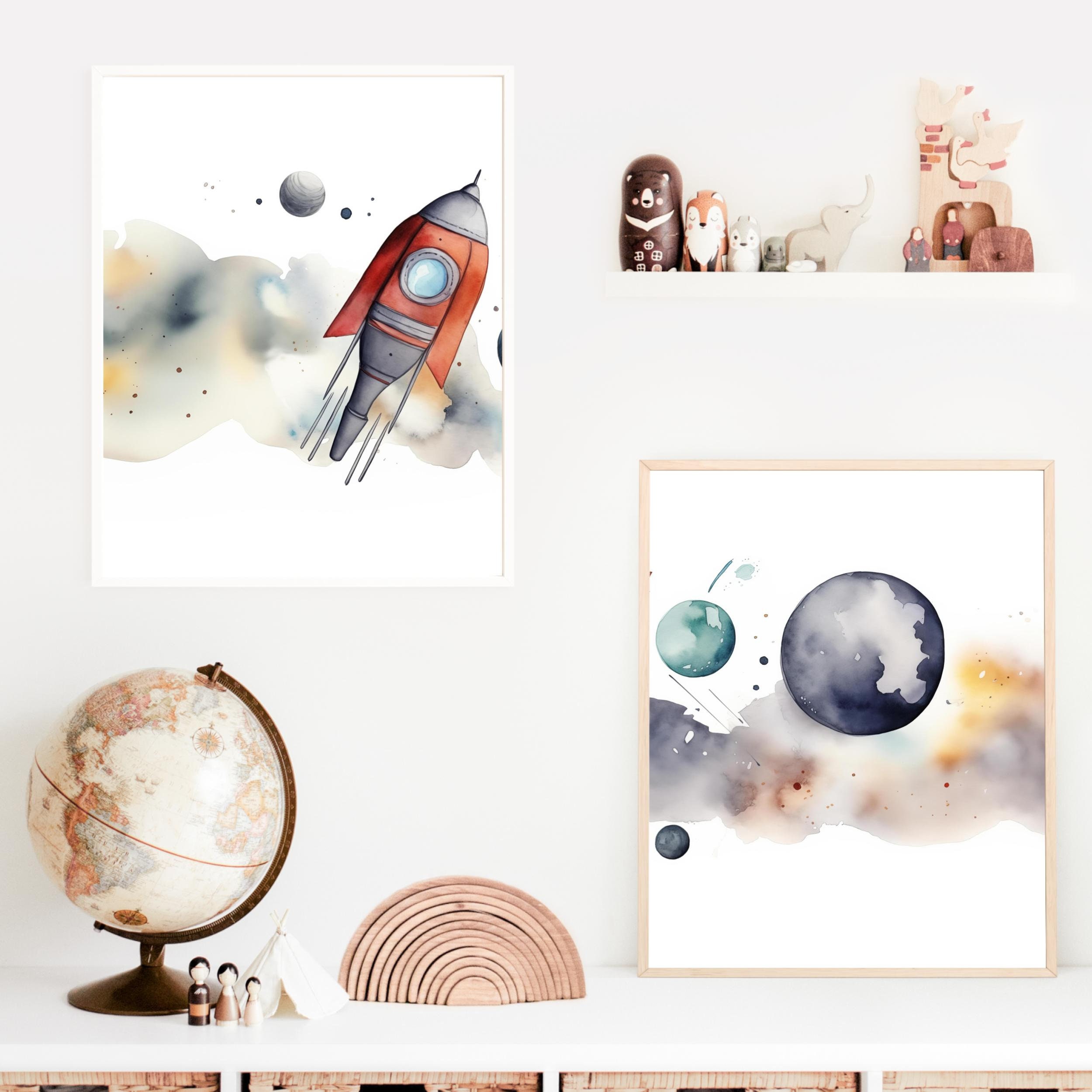 Set of 3 Outer Space Prints, Rocket Ship, Moon Print, Space Posters ...