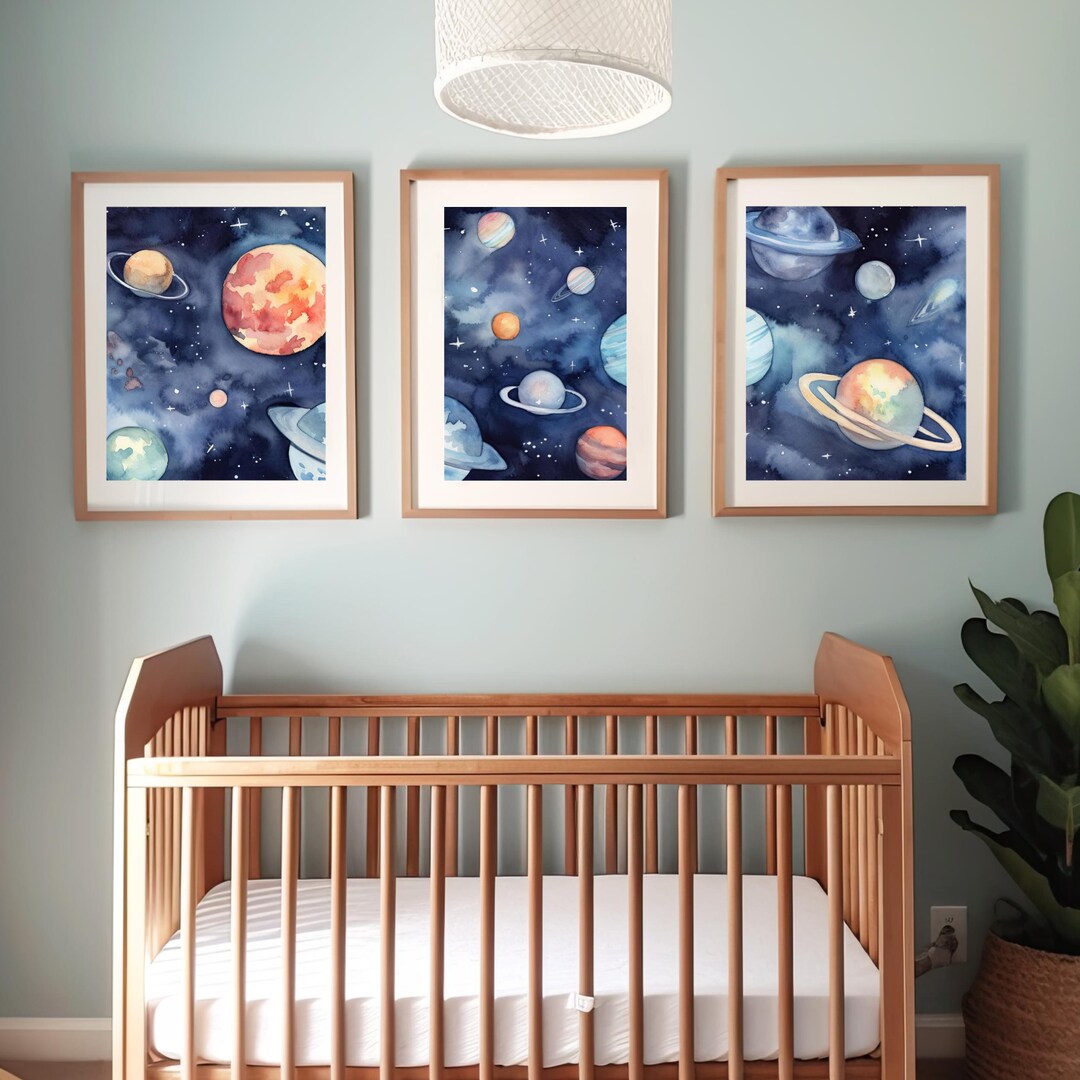 Space Watercolor Art Prints Set of 3, Children's Wall Art Decor ...