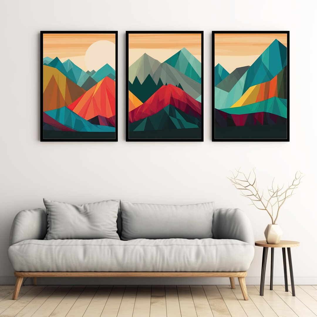Geometric Mountain Printable Art Set of 3, Midcentury Modern, Textured ...