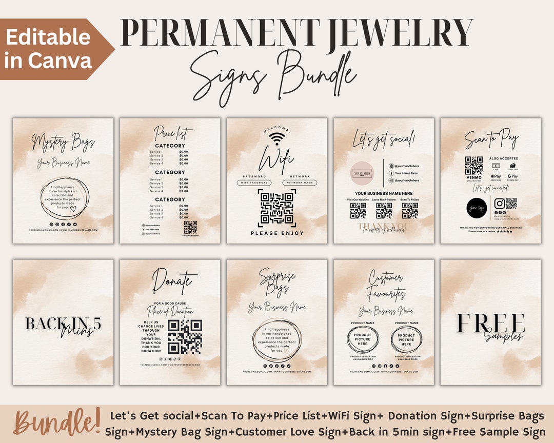 Permanent Jewelry Signs Bundle, Price List Sign Bundle, Social Media ...