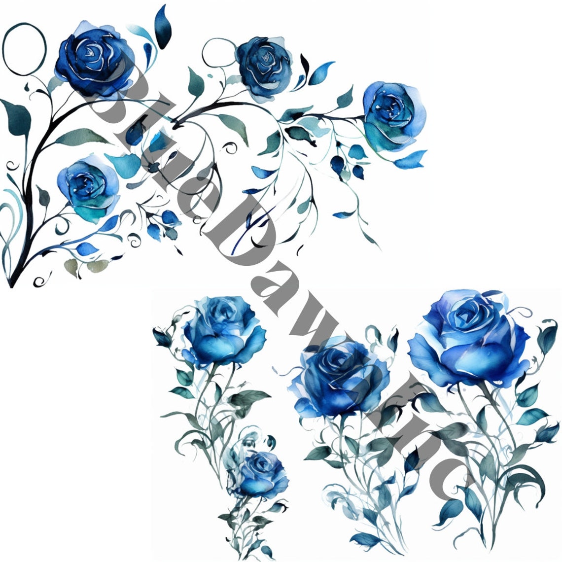 30 Watercolor and Vector Blue Roses Clipart Set Elegant Floral Art for ...