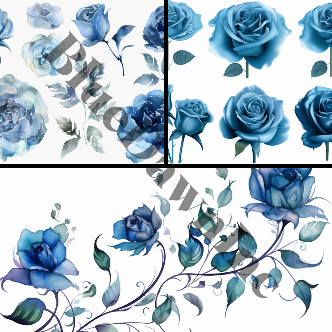30 Watercolor and Vector Blue Roses Clipart Set - Elegant Floral Art ...
