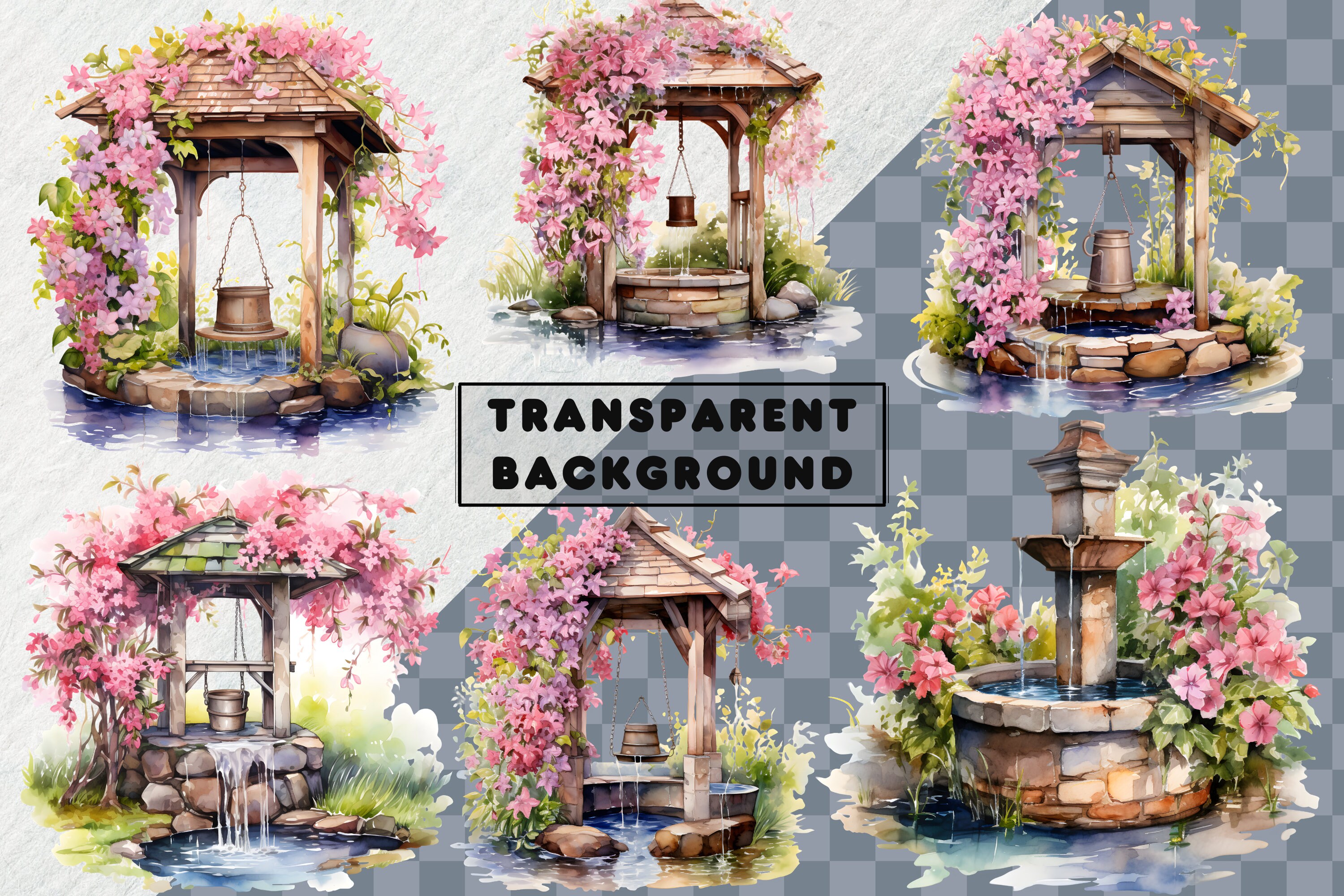 12 Watercolor Spring Wells Clipart - Springtime Cute Wishing Well ...
