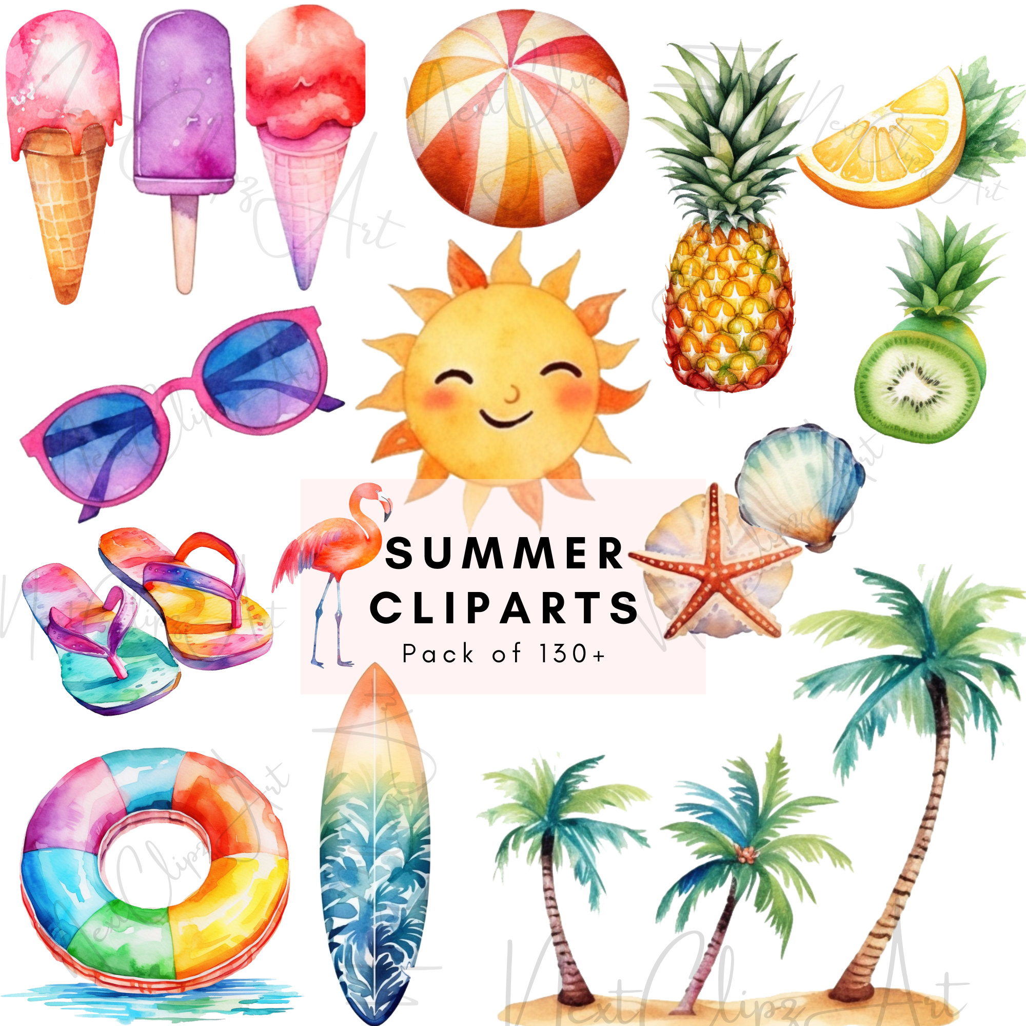 Summer Clipart Seasonal & Watercolor Sun, Flipflops , Popsicles, Sea ...