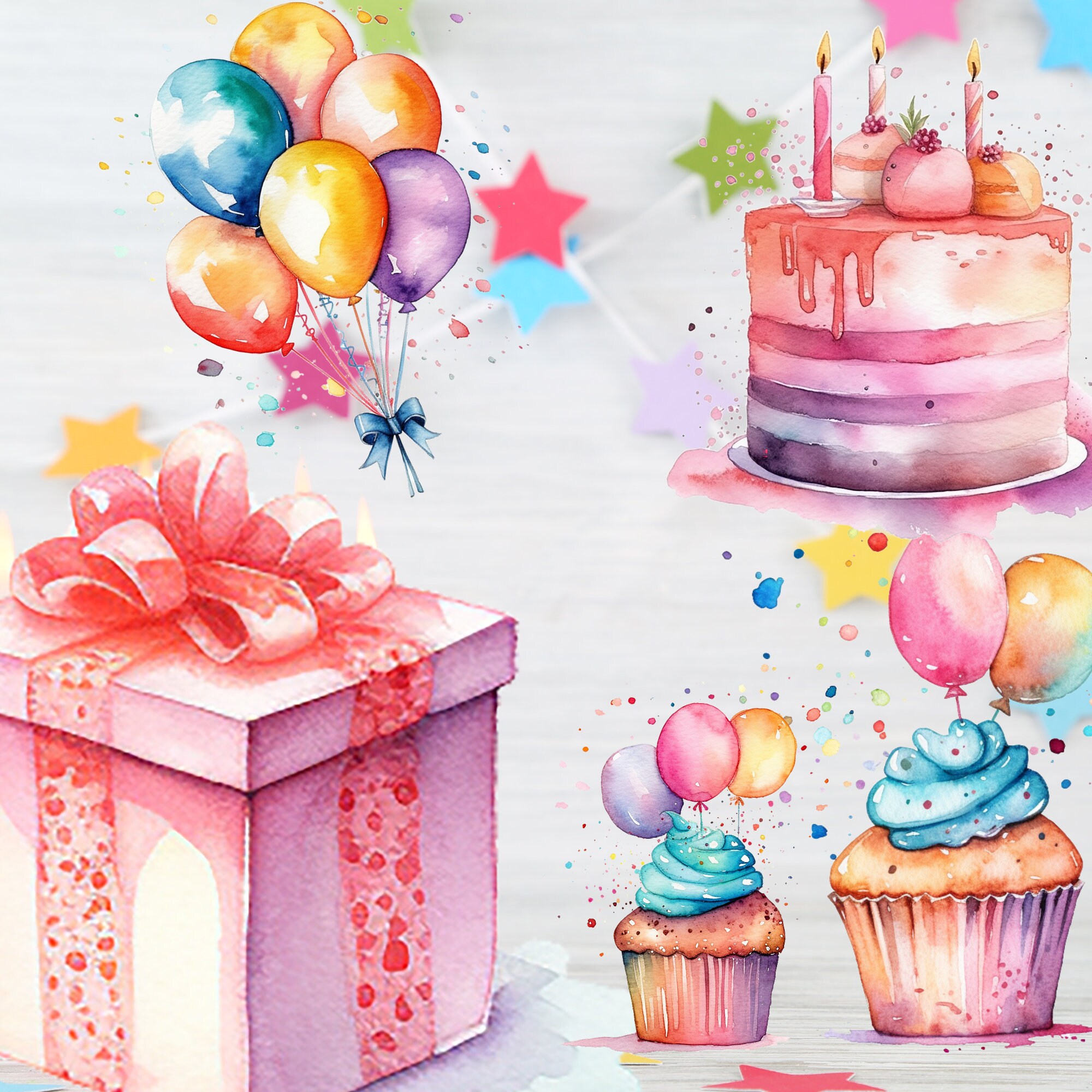 Set of 103 Watercolor Birthday Elements Clipart | Festive & Joyful ...