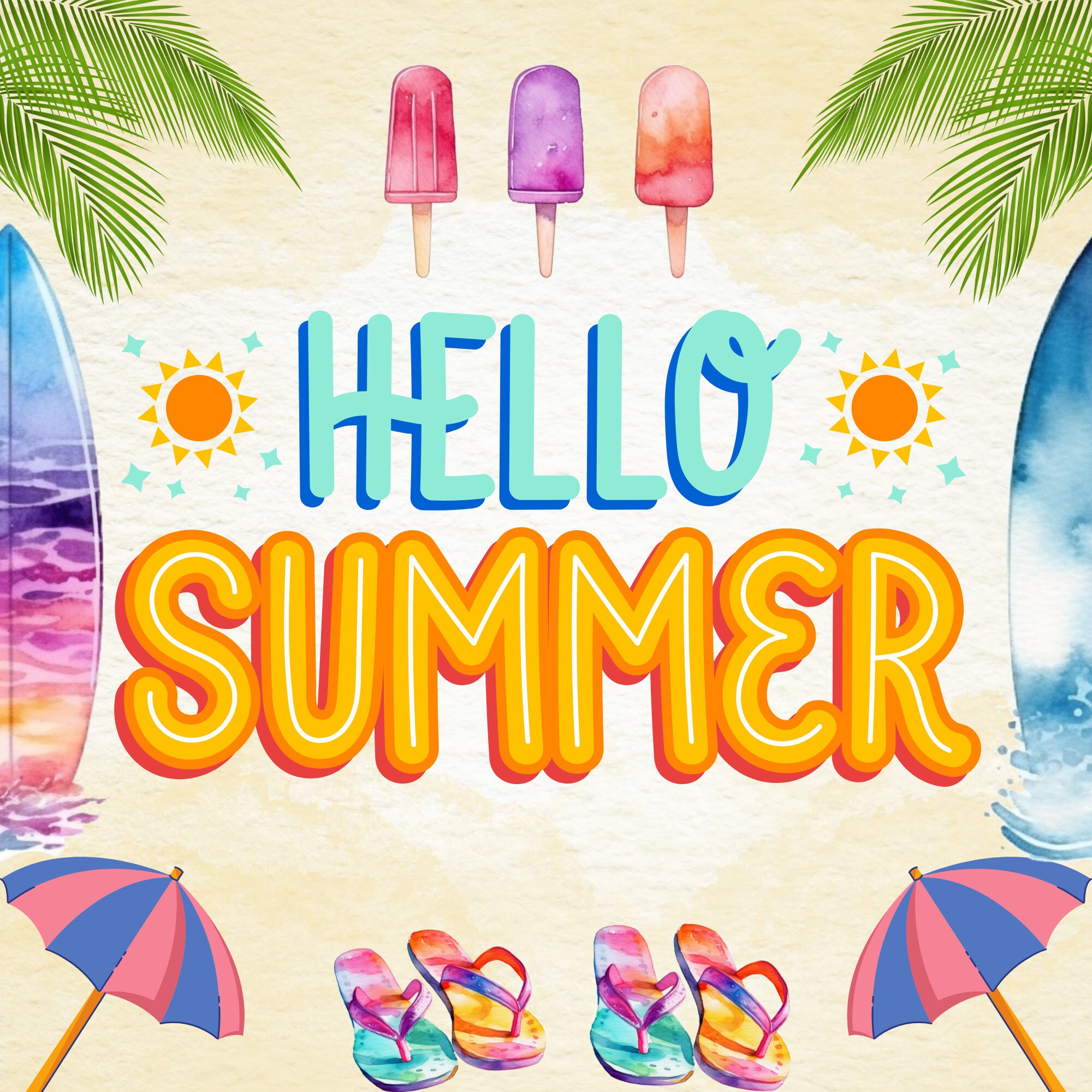 Summer Clipart Seasonal & Watercolor Sun, Flipflops , Popsicles, Sea ...