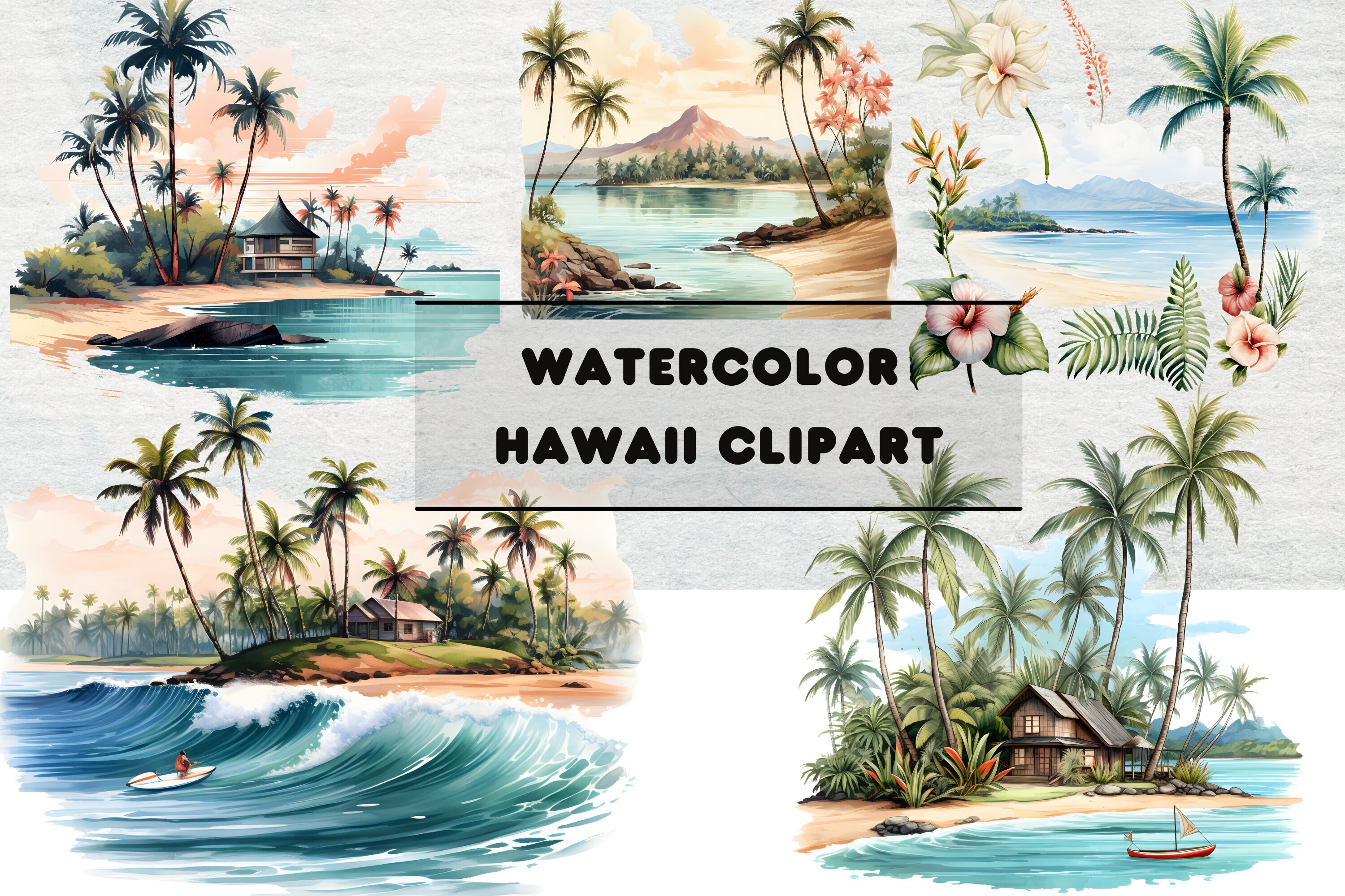 Set of 11 Watercolor Hawaii Clipart - Watercolor Surfing Tropical ...