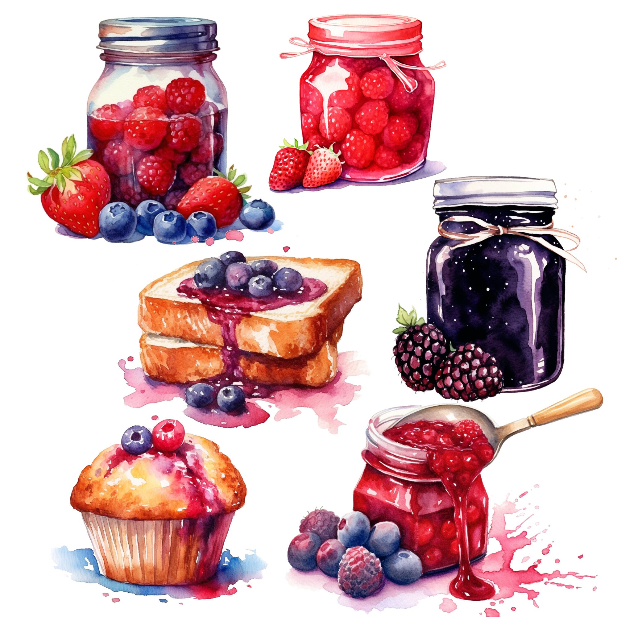 Watercolor Berry Jam Clipart - Raspberry, Strawberry, Blackberry, and ...