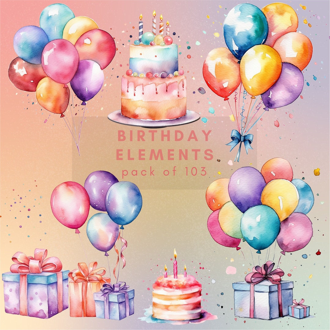 Set of 103 Watercolor Birthday Elements Clipart | Festive & Joyful ...
