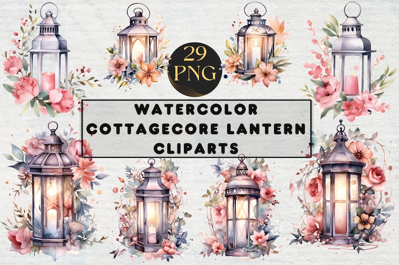 Watercolor Cottagecore Lantern Clipart: Floral Garland PNG (digital ...
