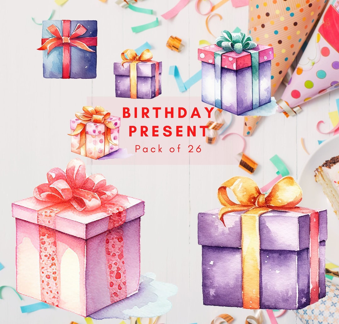 Birthday Present Clipart | Gift Boxes, Balloons, Ribbons (PNG) - Etsy
