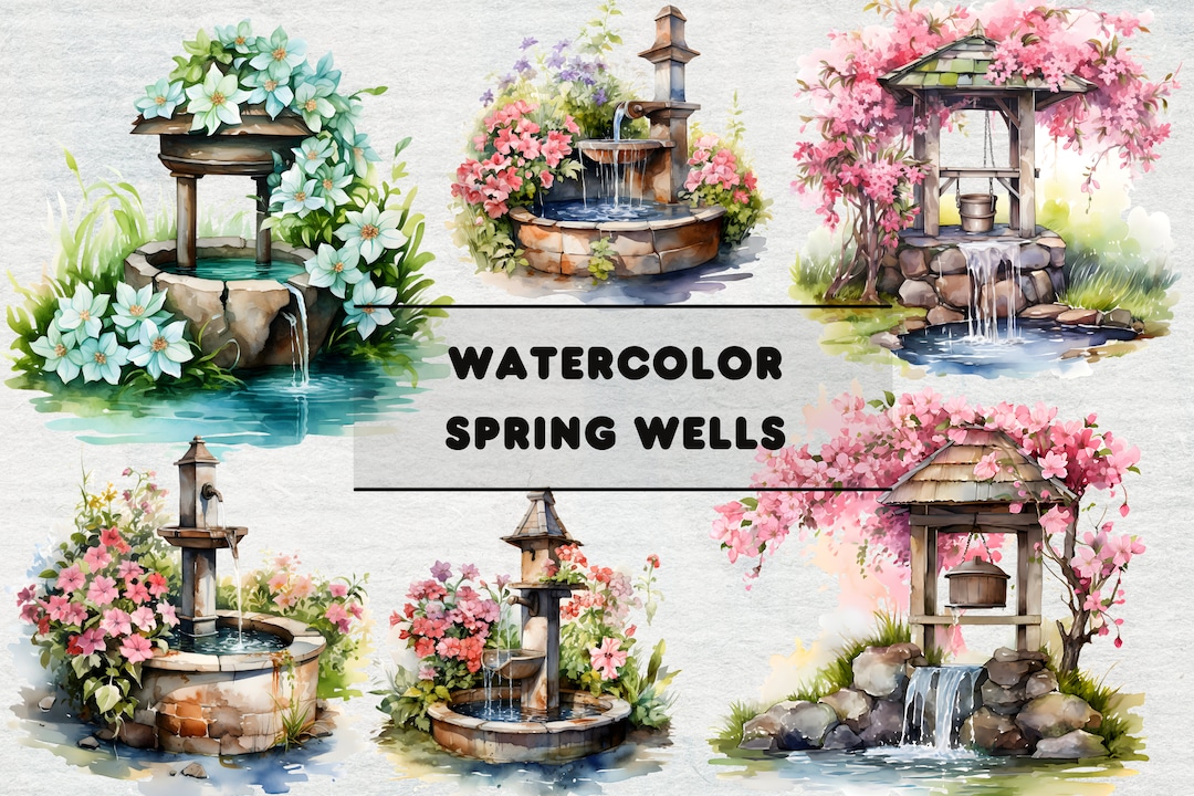 12 Watercolor Spring Wells Clipart - Springtime Cute Wishing Well ...