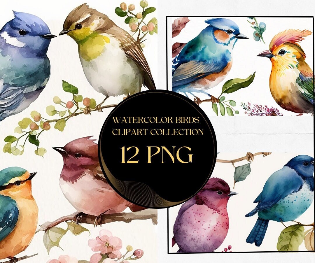 Watercolor Flowers Birds Clipart - Birds on Branch, Spring Cute Birds ...