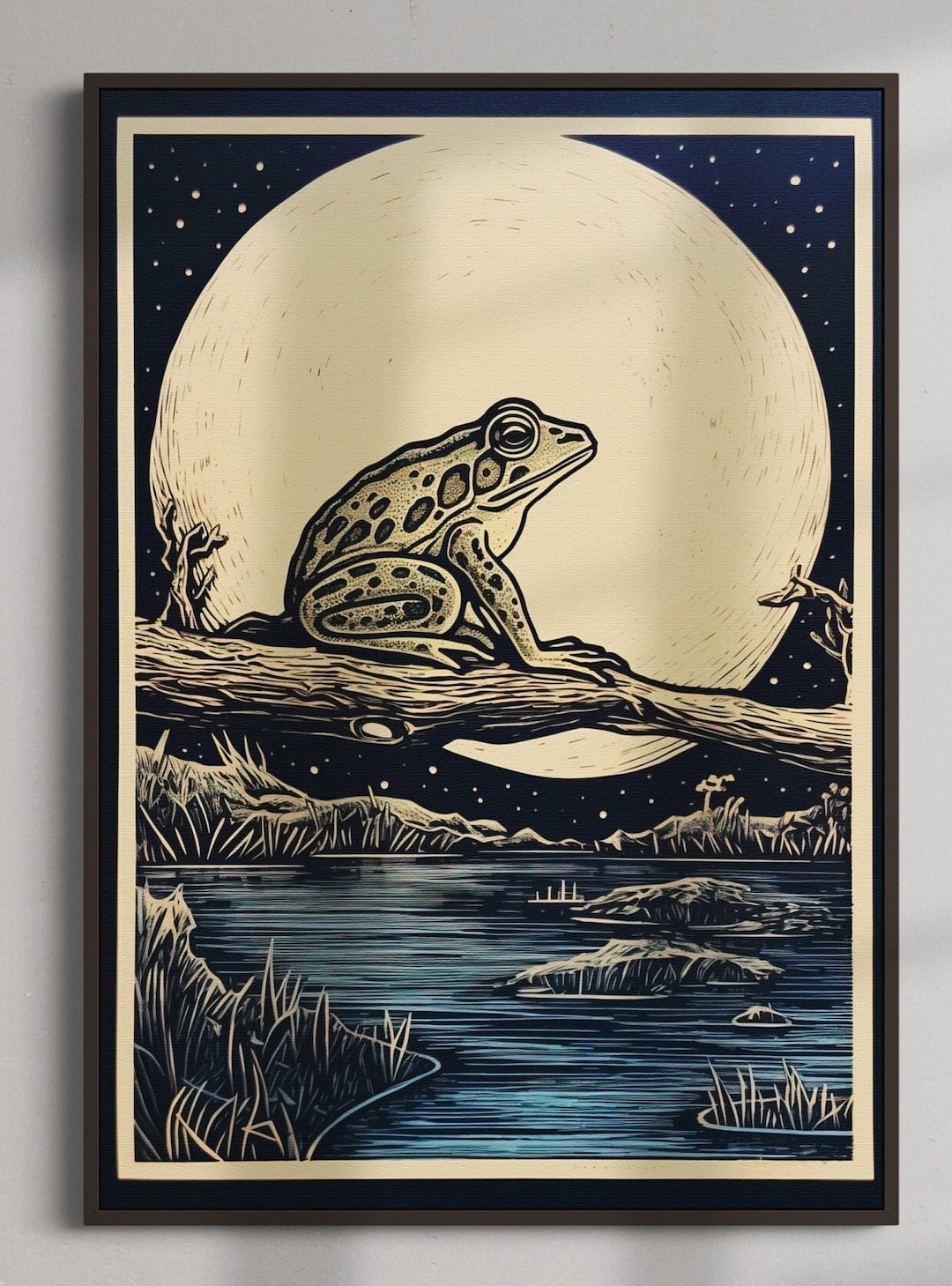Big Old Toad Under the Moon Linocut Boho Decor Art Print Digital ...