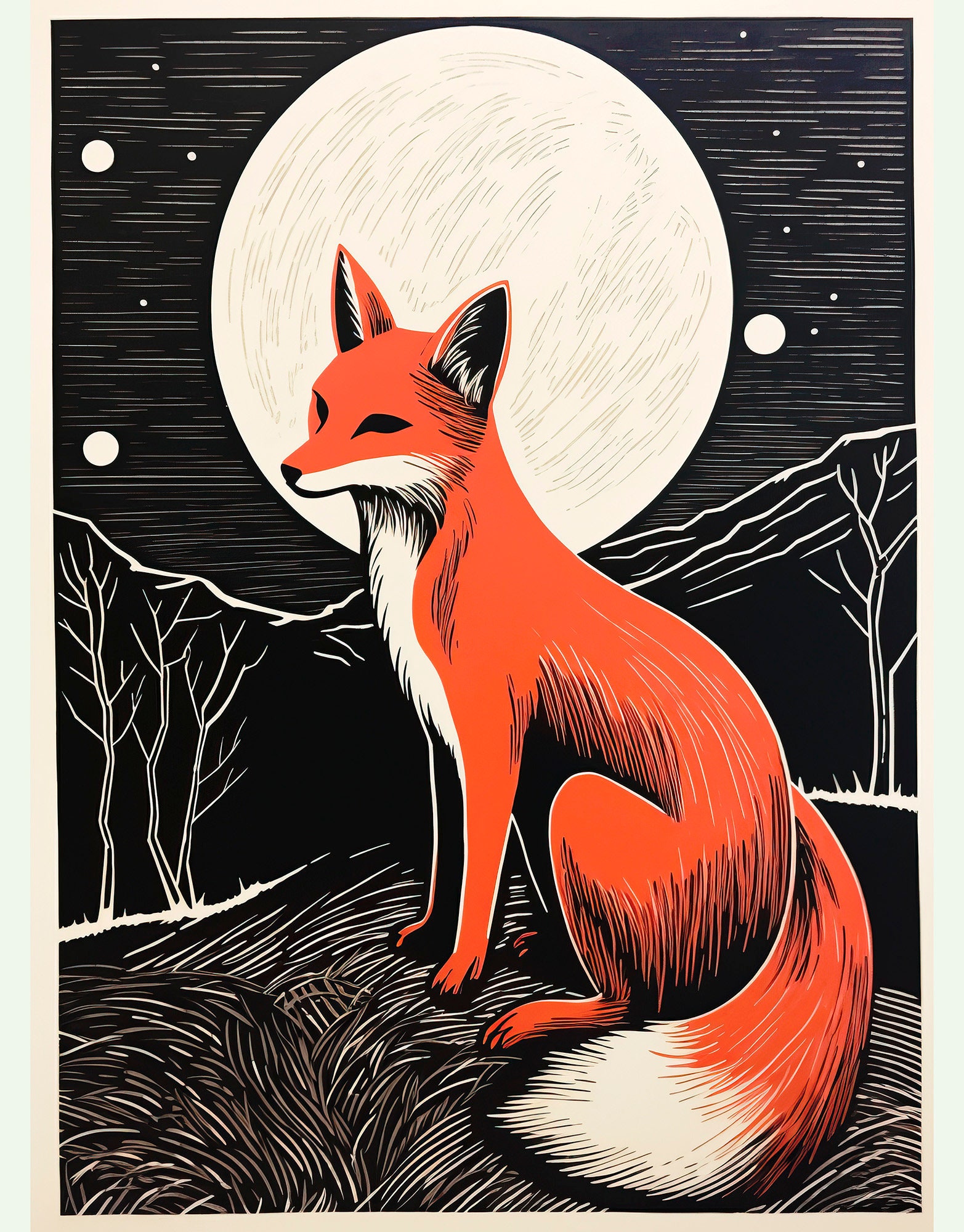 Fox Under the Full Moon Linocut Boho Decor Art Print Digital PRINTABLE ...