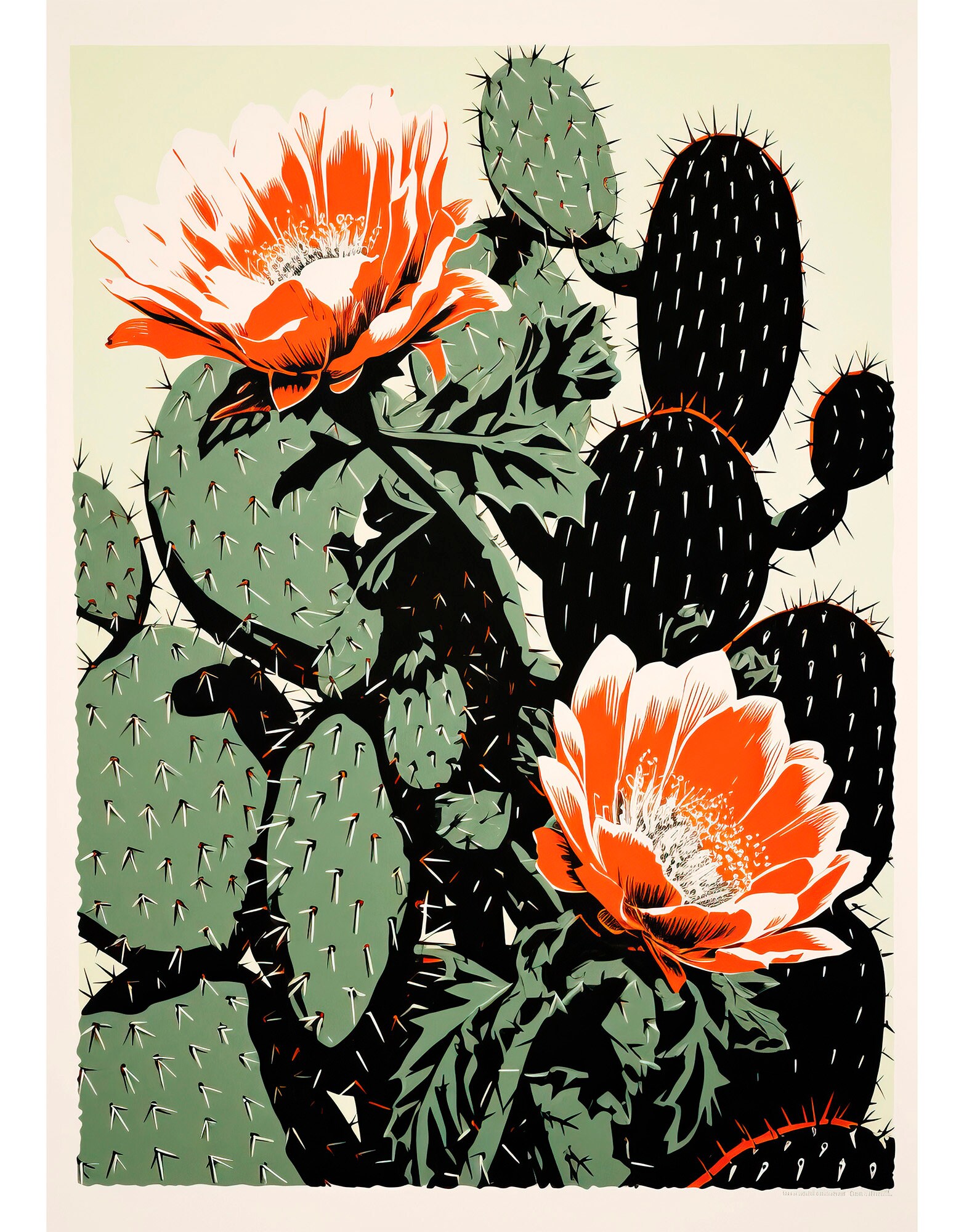 Cactus Bloom Linocut Floral Illustration Art Print - Etsy