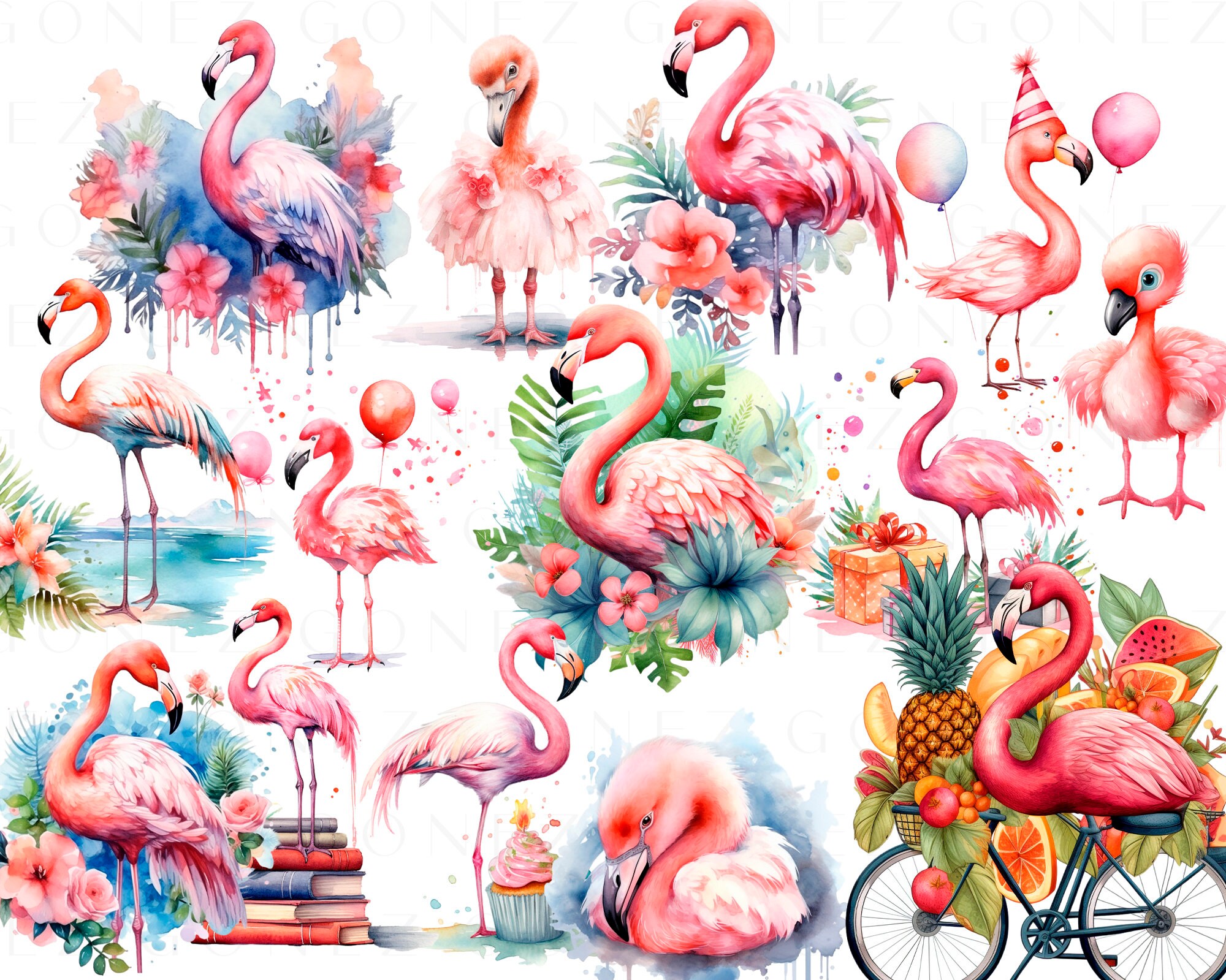 Watercolor Flamingos Clipart Bundle, Tropical Flamingos, Flamingo PNG ...
