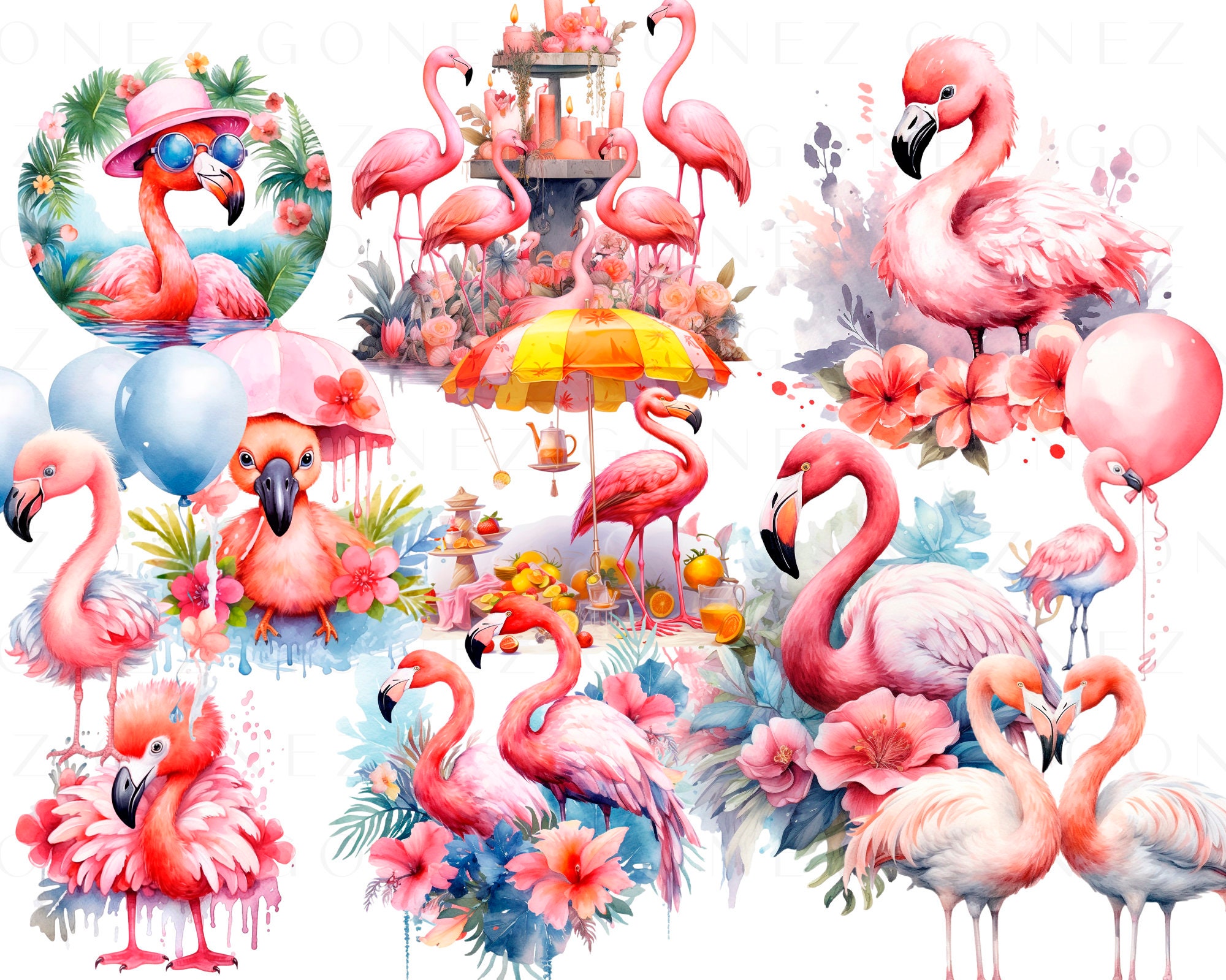 Watercolor Flamingos Clipart Bundle, Tropical Flamingos, Flamingo PNG ...