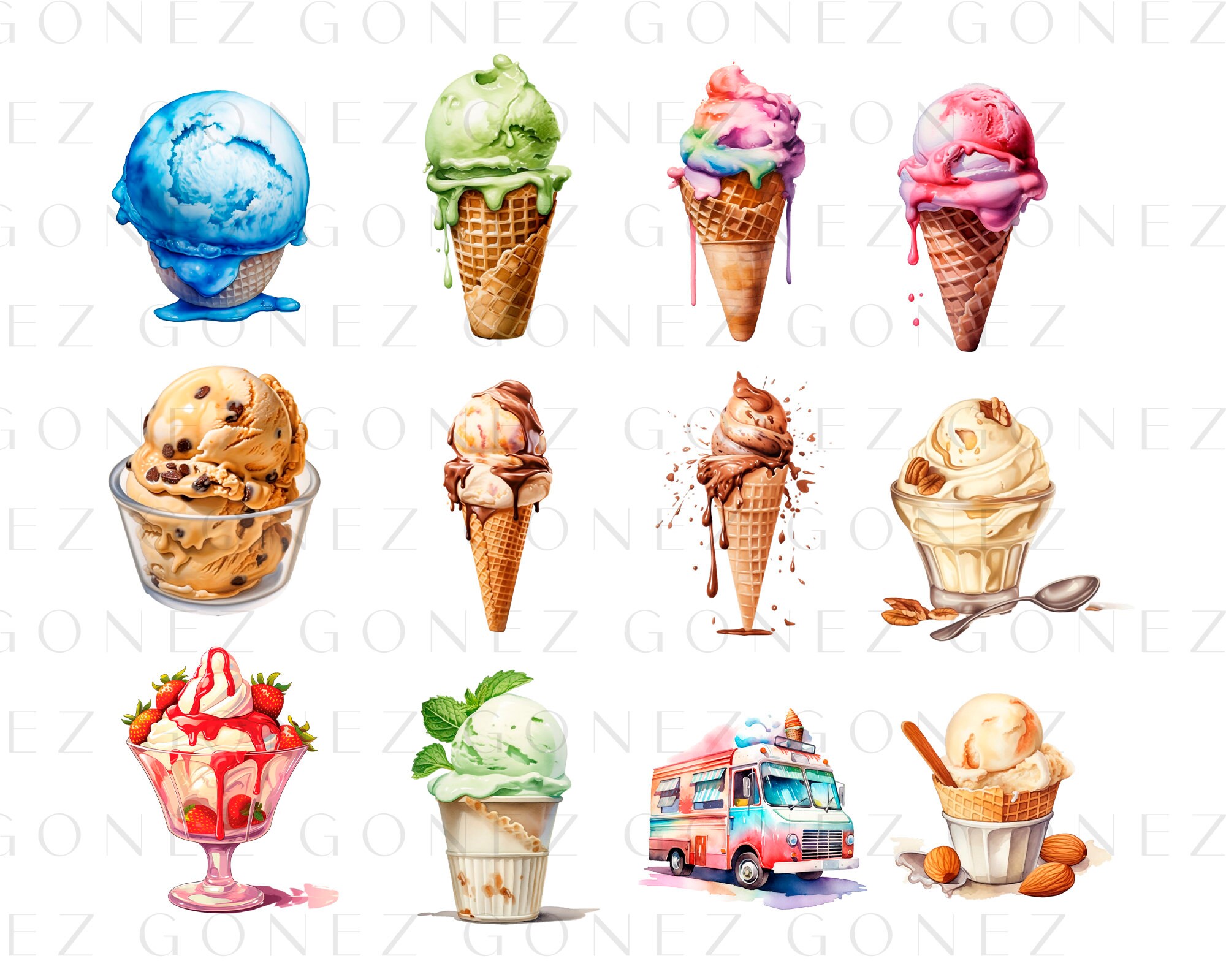 Ice Cream Watercolor Clipart Bundle, 103 PNG Images of Ice Cream ...