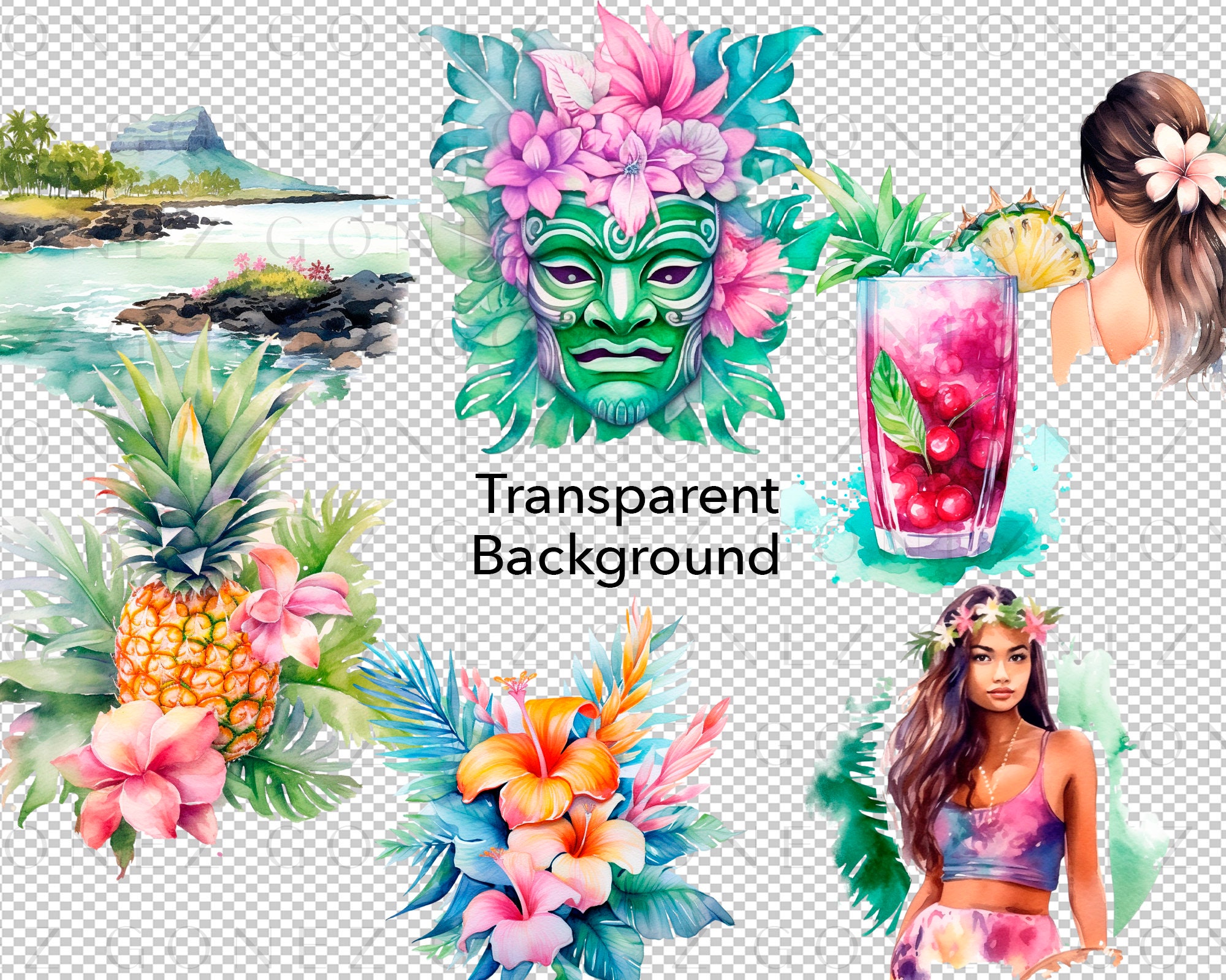 Watercolor Hawaii Clipart Watercolor Tropical Island Clip - Etsy