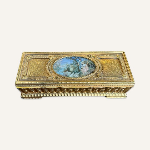 Late Victorian French Gilt Brass Box With Hand Painte… - Gem