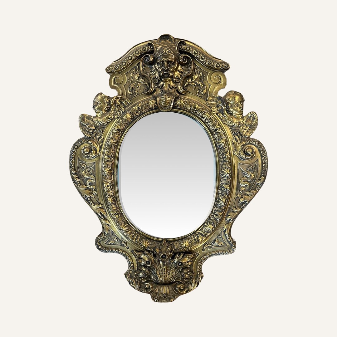 Vintage Rococo Revival Repousse Brass Oval Mirror With Cherubs and ...