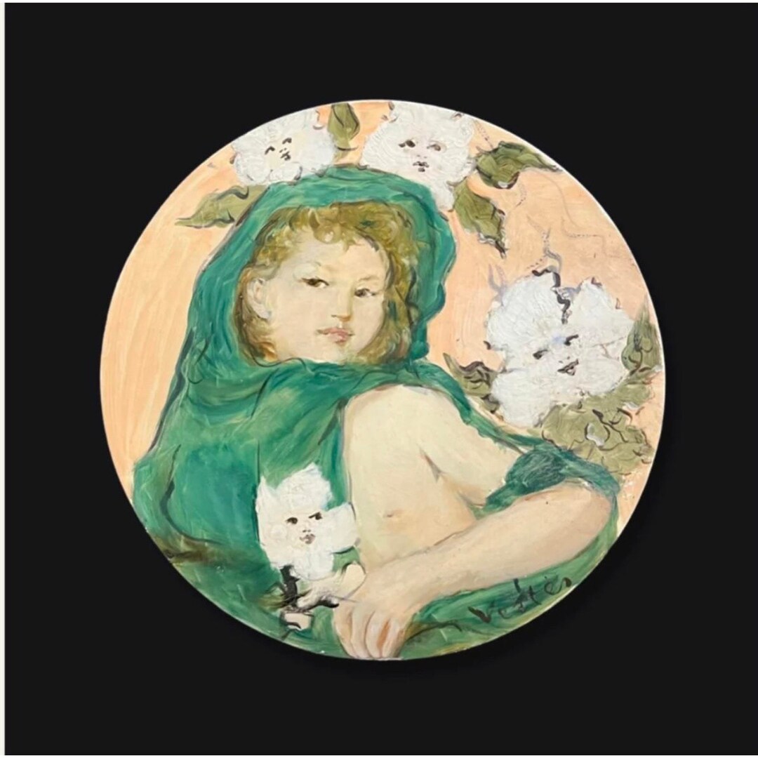 Vintage Tondo Original Expressionist Portrait Painting of a Woman by ...