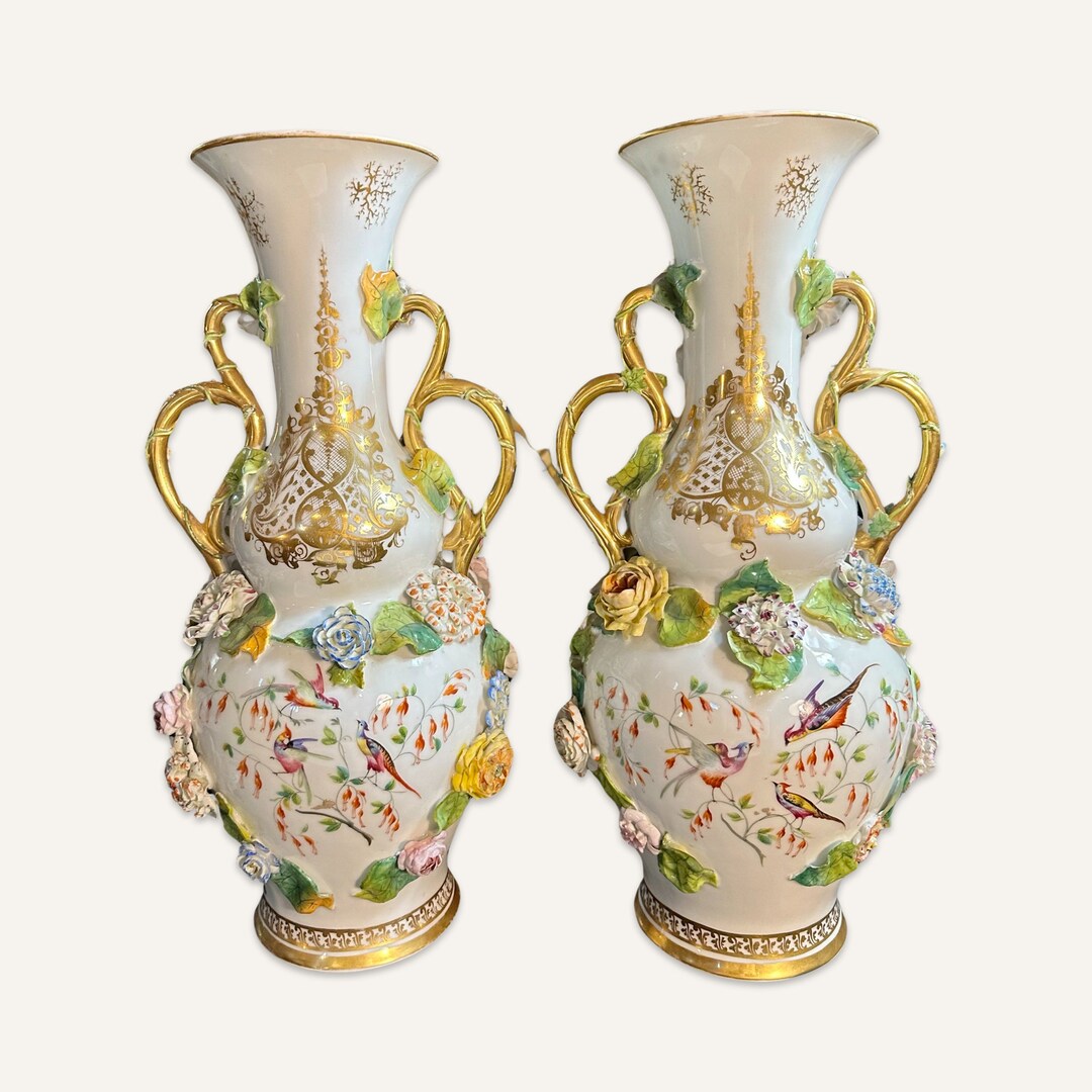 Pair of Mid 19th Century Rockingham Porcelain Vases With Applied Floral ...