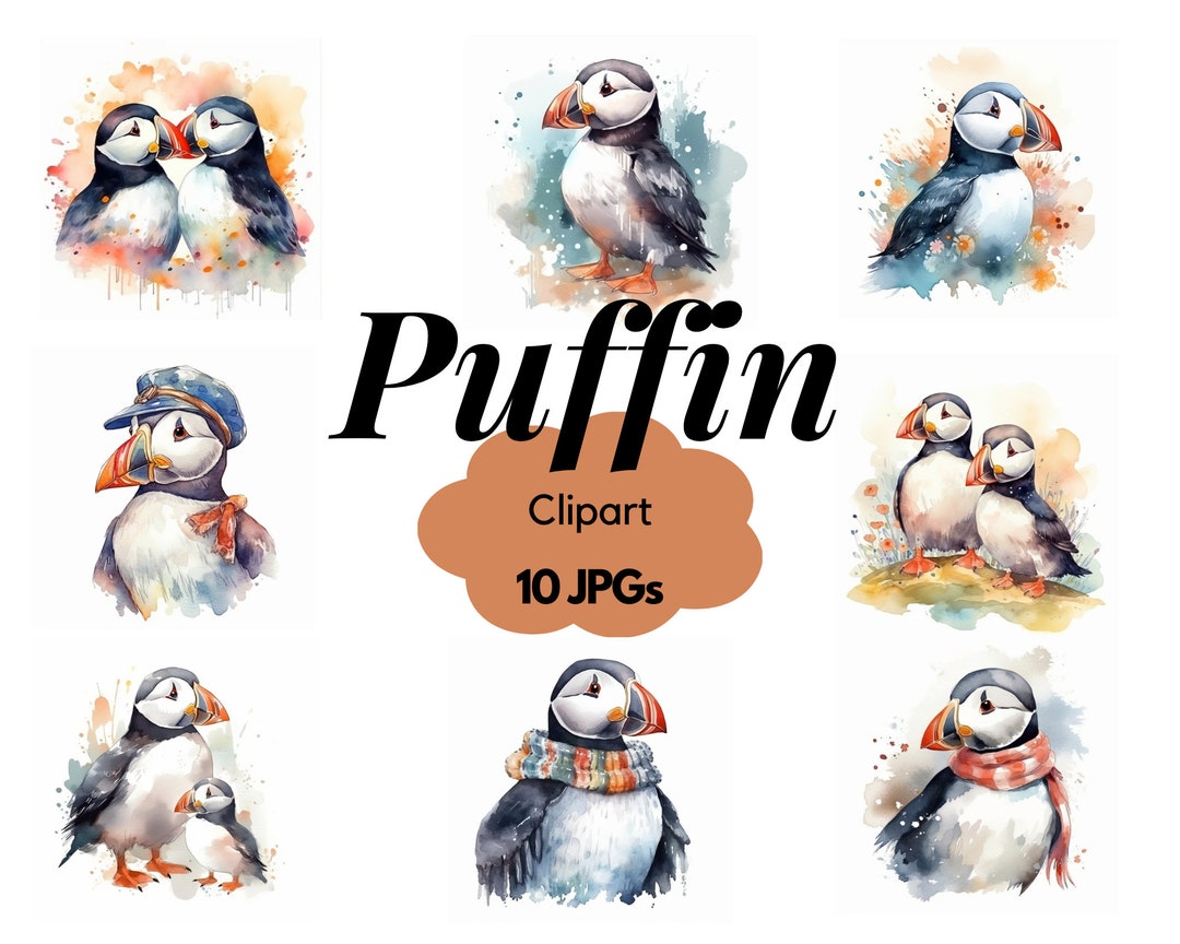 Watercolor Puffin Clipart Bundle, White Background Puffins, Watercolor ...