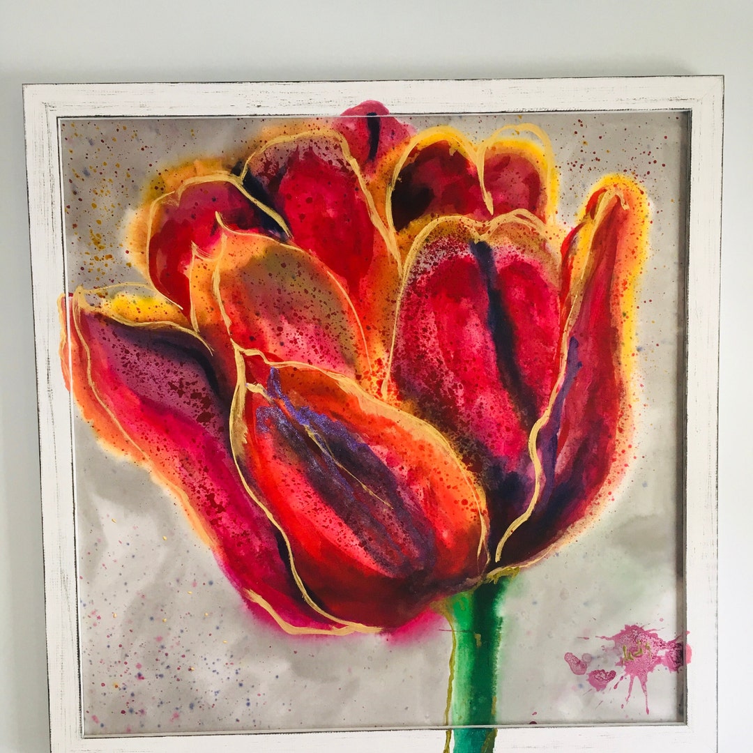 Tulip Painting on Silk, Batik Wall Decor, Red Flower for Living Room ...