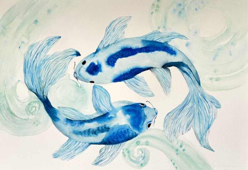 Blue Koi Fish Watercolor Card Print, 5 X 7 From Original Painting - Etsy