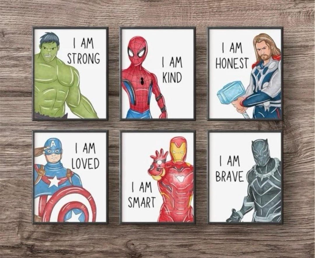 Marvels Avengers Character Affirmations Prints Set of 6 (spider Man ...