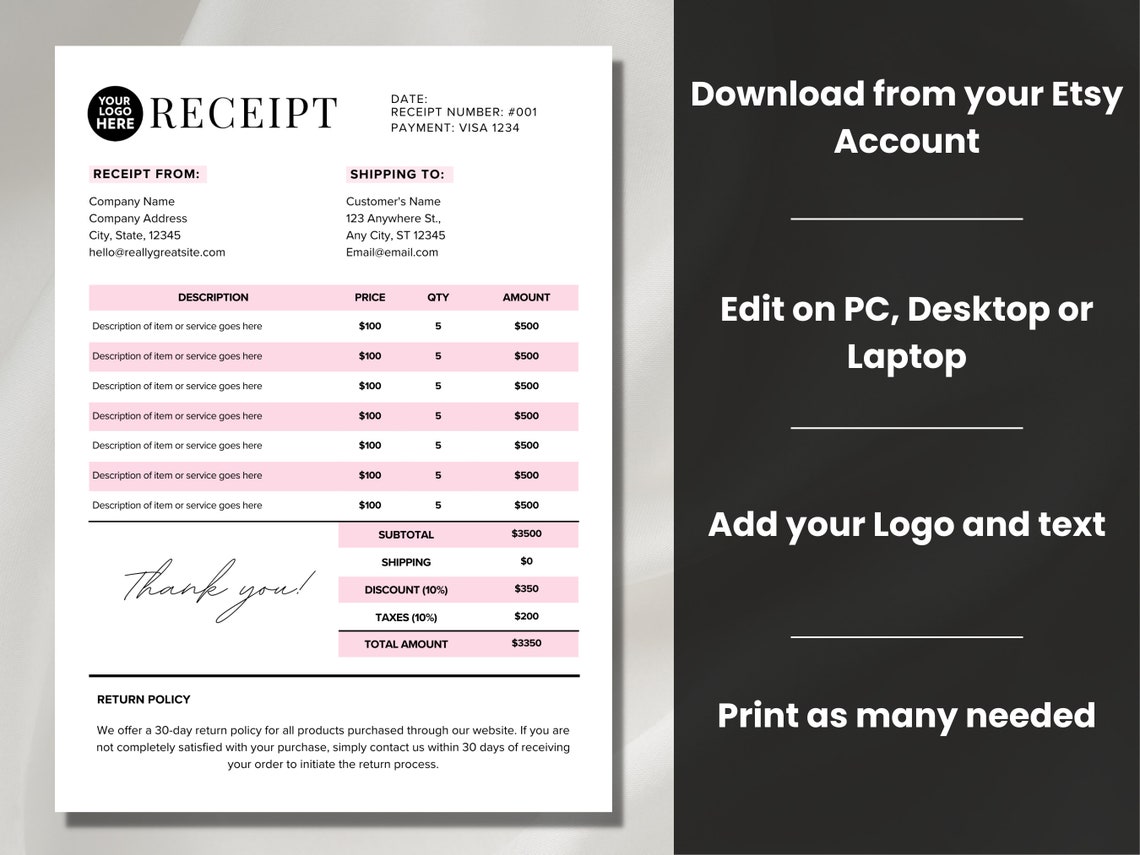 Editable Small Business Receipt Template, Pre-made Business Receipt ...