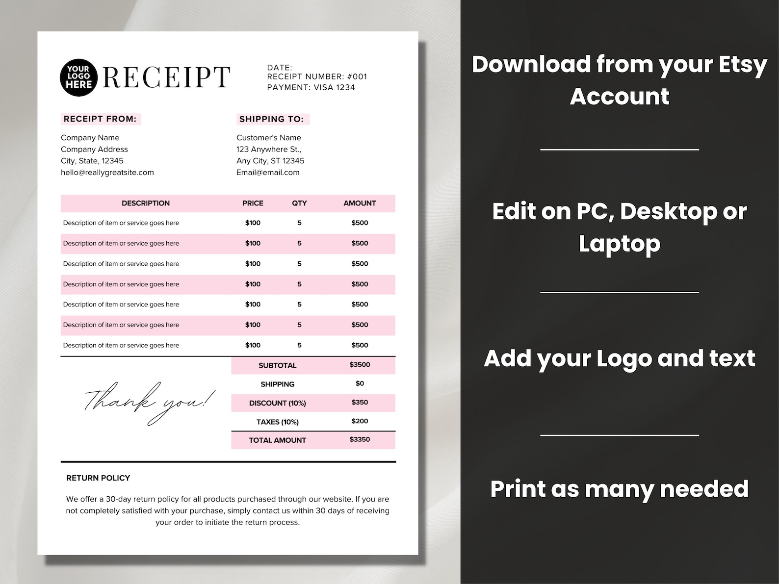 Editable Small Business Receipt Template, Pre-made Business Receipt ...