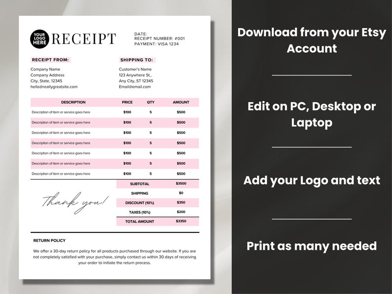 Editable Small Business Receipt Template, Pre-made Business Receipt ...