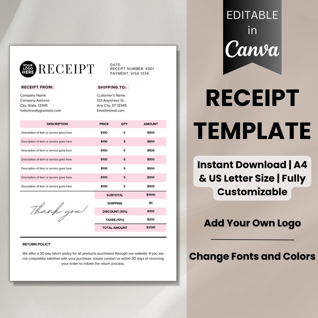 Editable Small Business Receipt Template, Pre-made Business Receipt ...