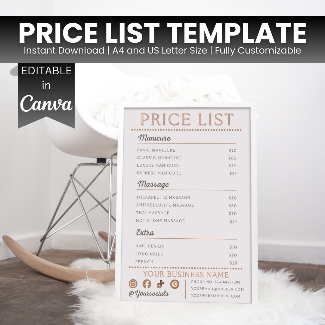Editable Price List Template, Digital Price Chart, Canva Template for ...