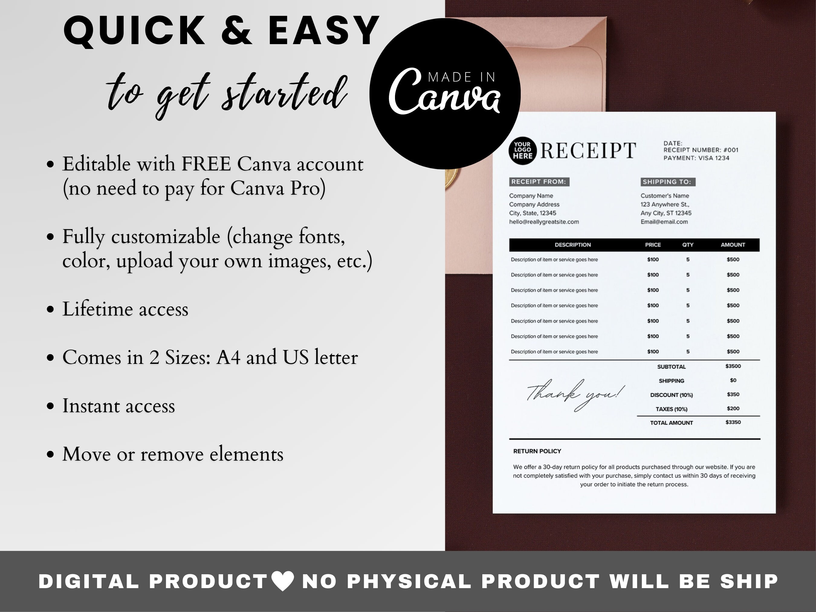 Editable Small Business Receipt Template, Canva Pre-made Business ...