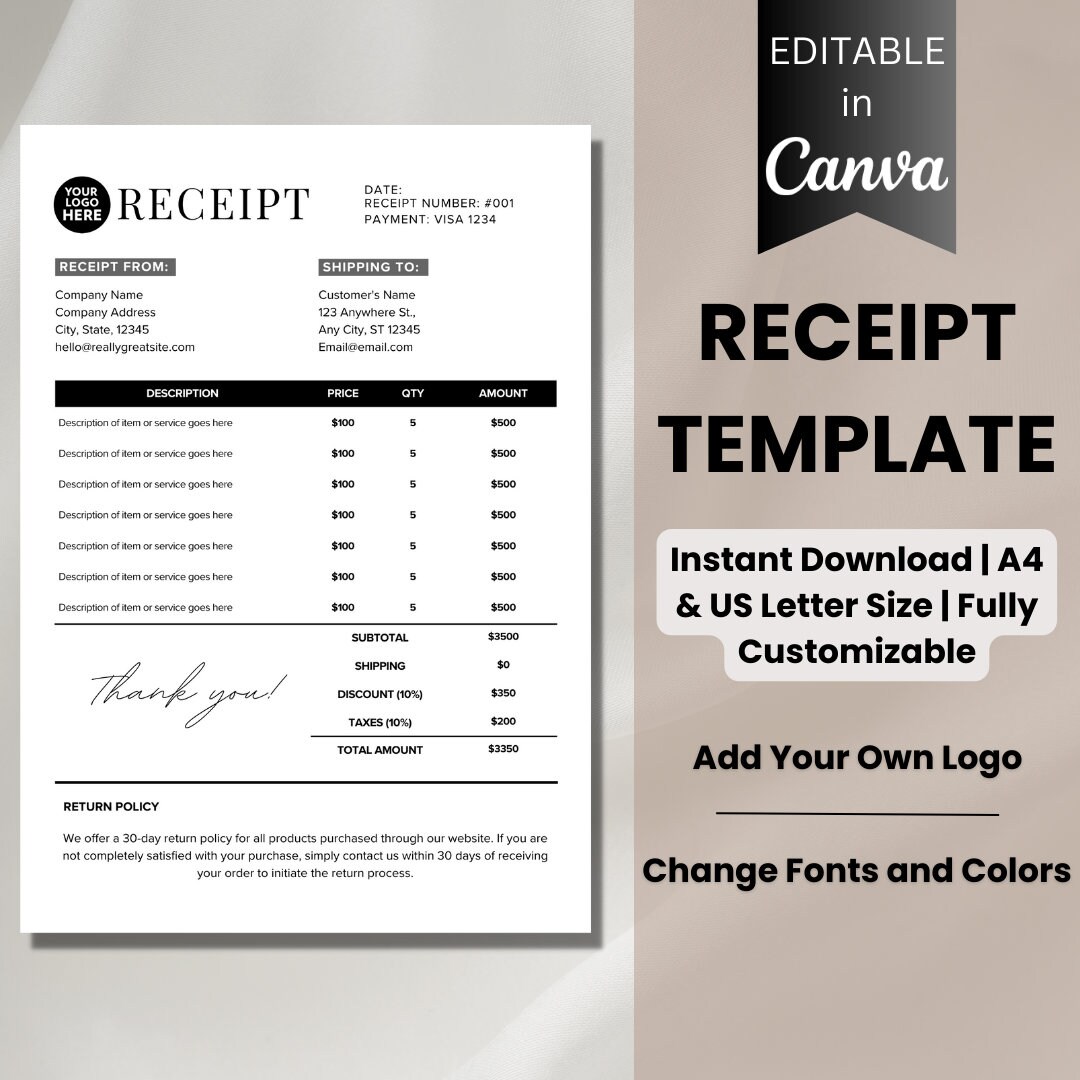 Editable Small Business Receipt Template, Canva Pre-made Business ...