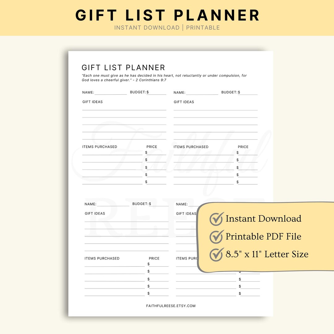 Printable Gift List Planner, Gift Shopping List, Gift Tracker, Gift Template, Shopping Planner ...