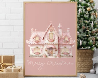 Gingerbread House Print, Pink Christmas Printable Wall Art, DIGITAL ...